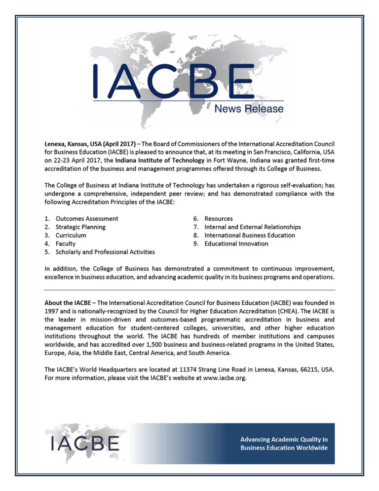 Indiana Tech’s College of Business receives accreditation from IACBE ...